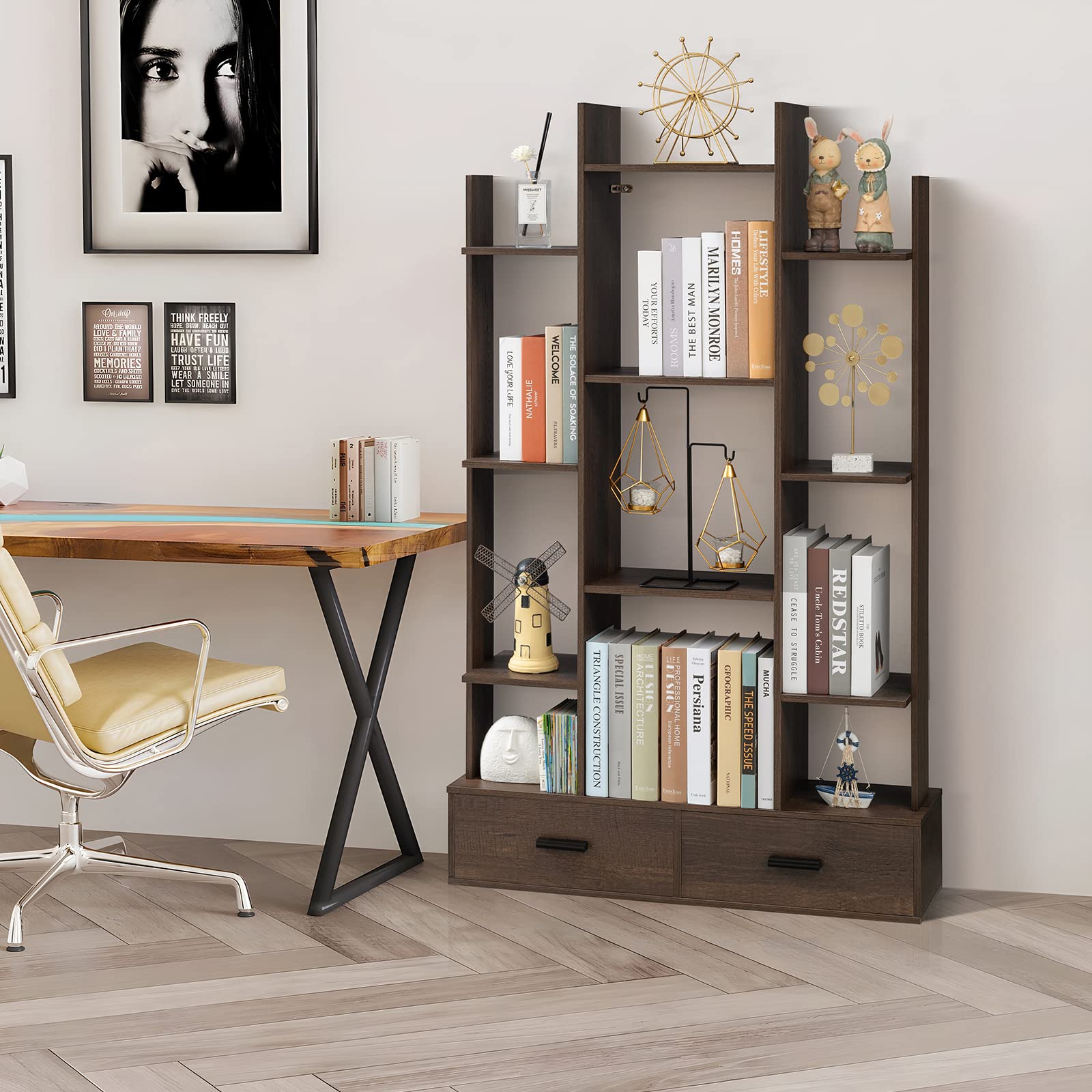 WEENFON Unique Bookcase with 1 Large Drawer, Tree-Shaped Bookshelf with 12 Storage Shelves, Open Standing Ladder Shelf, Bookshelf for Bedroom, Living Room, Office, Dark Brown