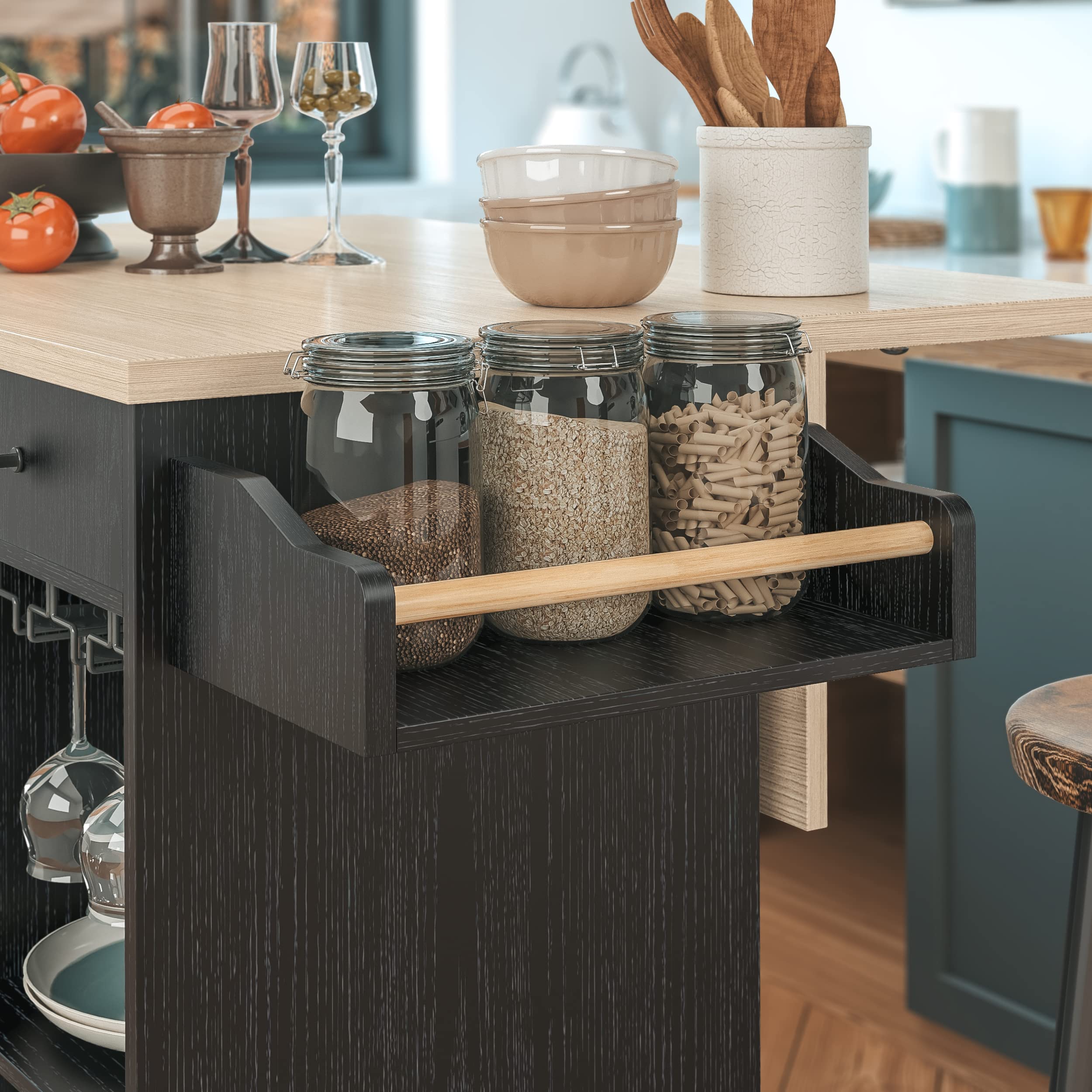 IRONCK Rolling Kitchen Island Cart with Drop-Leaf and Wine Rack, Microwave Rack Serving Cart on Wheels with Drawer & Shelves & Spice Rack & Cup Hanging, Black