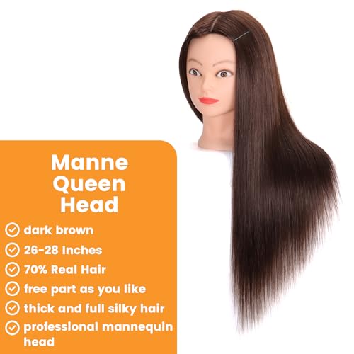 Mannequin Head with Hair 70% Real Human Hair 26-28'' Cosmetology Mannequin Head for Styling Practice on Braiding Manikin Head with Clamp Stand and Tools (Dark Brown)
