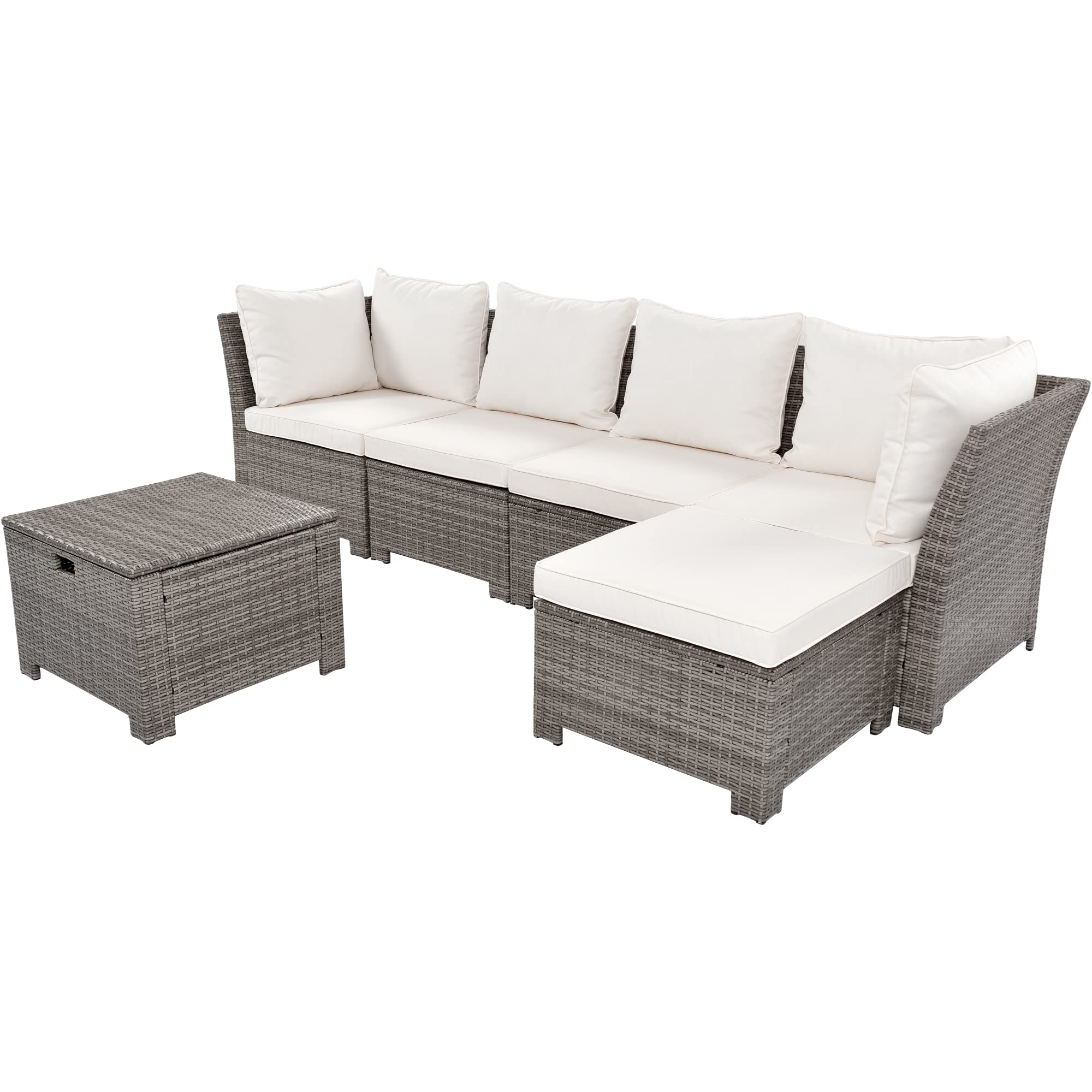 All Weather Outdoor Patio Rattan Sofa Set, 6-Piece UV Resistant PE Wicker Sectional Conversation Furniture Set with 2 Corner Chairs, 2 Single Chairs, 1 Ottoman and 1 Storage Table, Thick Cushions