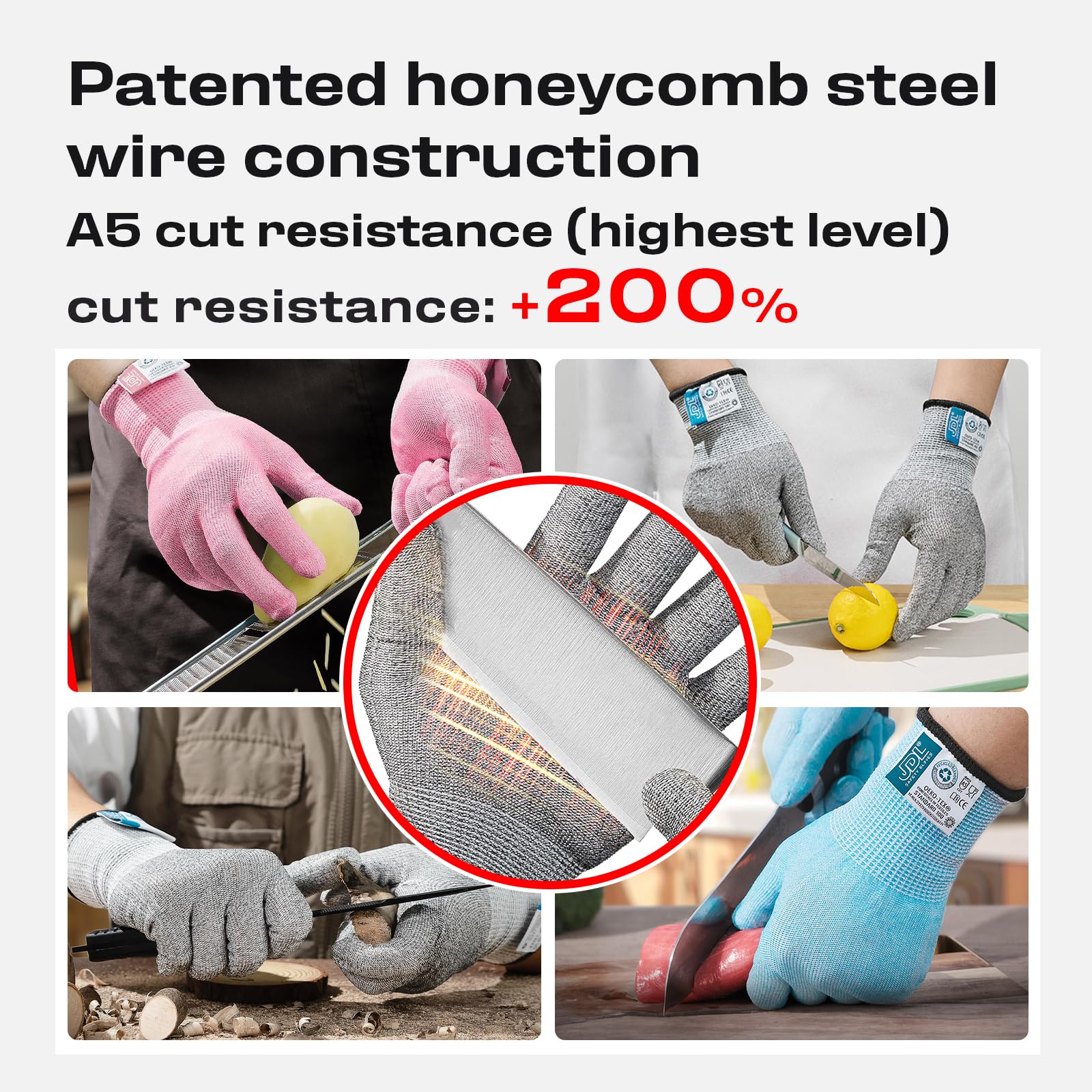 JDL Large Pink Cut Resistant Gloves with Touch Screen, Food Grade, ANSI A5, 3D Stretch Fit, Firm Grip, Suitable for Oyster Shucking, Meat Slicing, Kitchen Protection