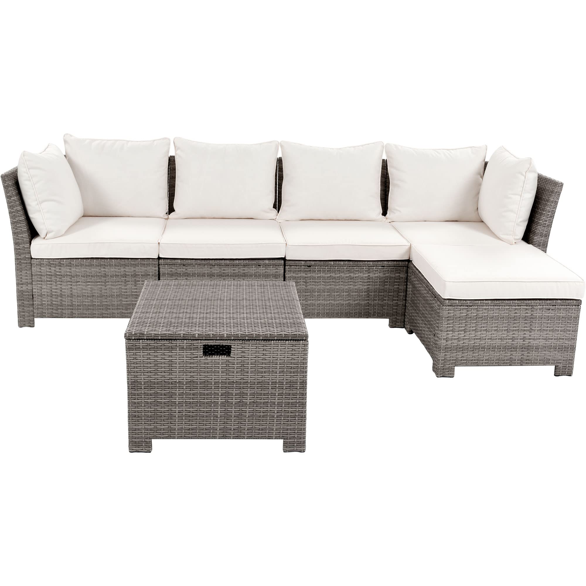 All Weather Outdoor Patio Rattan Sofa Set, 6-Piece UV Resistant PE Wicker Sectional Conversation Furniture Set with 2 Corner Chairs, 2 Single Chairs, 1 Ottoman and 1 Storage Table, Thick Cushions