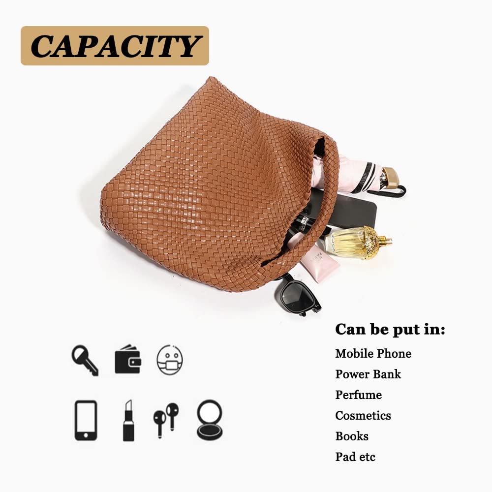 Doxwater Women Vegan Leather Hand Woven Tote Handbag Large Capacity Shoulder Top-handle Bag All-Match Underarm Bag with Purse