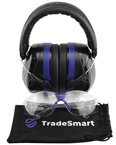 TradeSmart Safety Headphones for Women - Hearing Protection Glasses with Pouch & Earmuffs for Lawn Mowing, Construction, Yard Work, Woodworking, Blue
