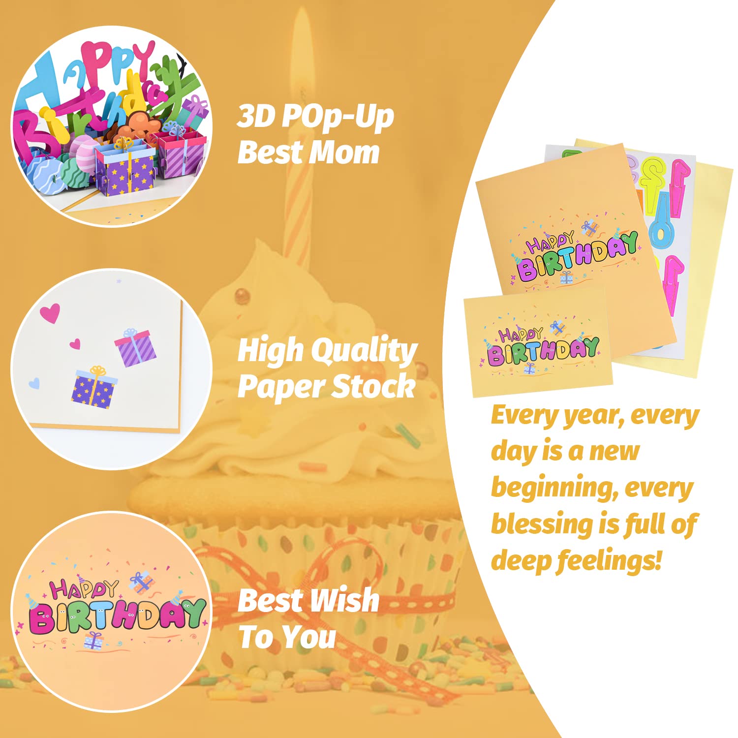 Oalushf Pop Up Cards, 3D Alphabet Happy Birthday Card with Envelopes and Note Tag, Greeting Cards Birthday Gifts for Women and Men (5 * 7)
