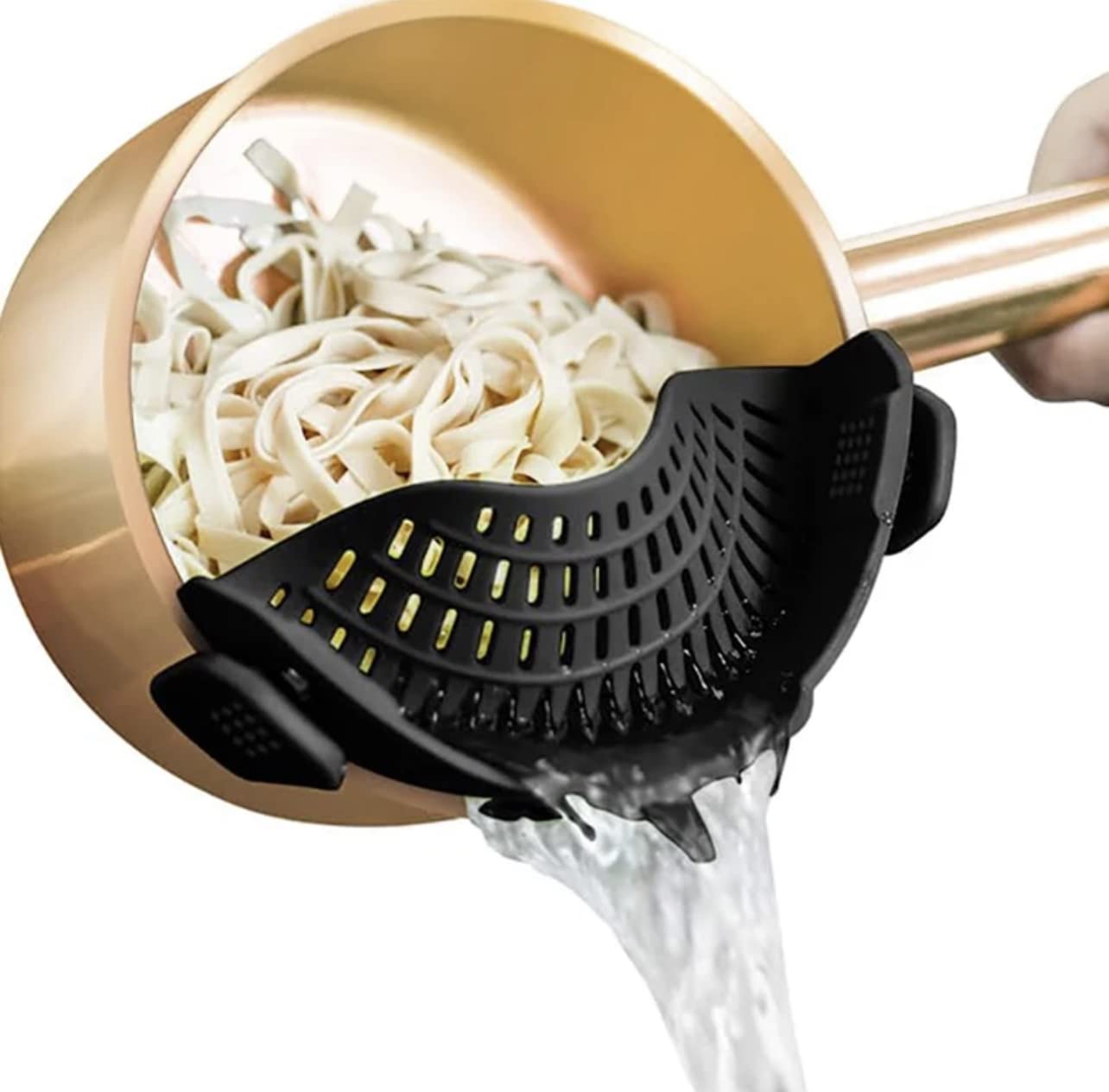 Clip on Strainer for Pots Pan Pasta Strainer, Silicone Food Strainer Hands-Free Pan Strainer, Clip-on Kitchen Food Strainer for Spaghetti, Pasta, Ground Beef Fits All Bowls and Pots, Black