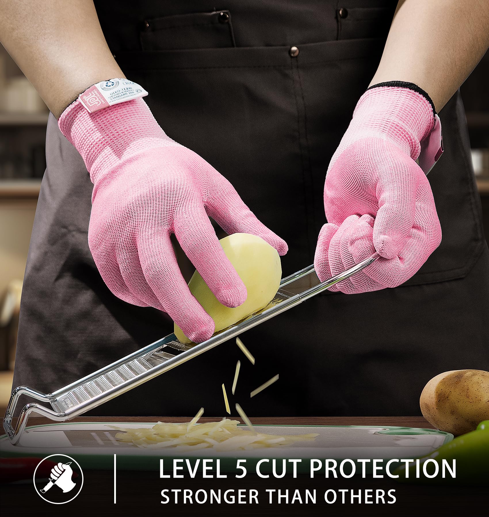 JDL Large Pink Cut Resistant Gloves with Touch Screen, Food Grade, ANSI A5, 3D Stretch Fit, Firm Grip, Suitable for Oyster Shucking, Meat Slicing, Kitchen Protection