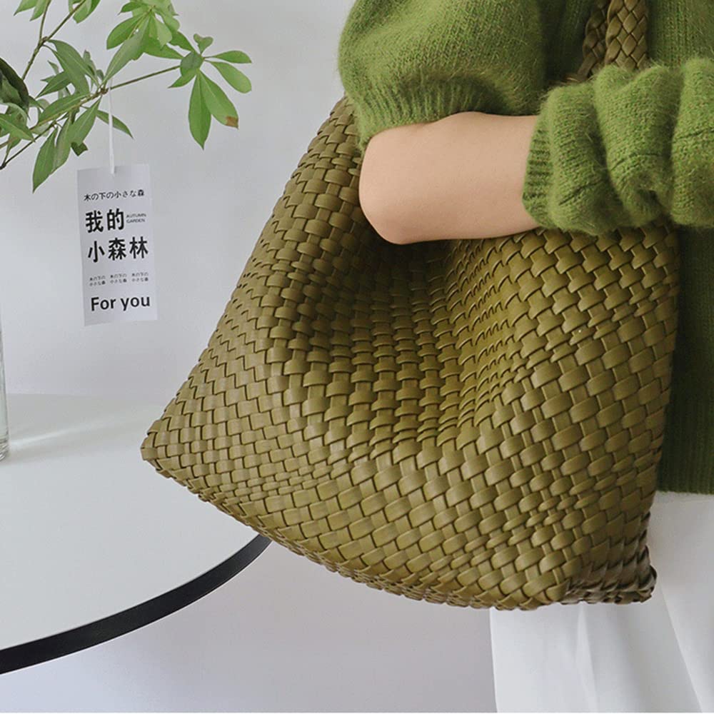 Doxwater Women Vegan Leather Hand Woven Tote Handbag Large Capacity Shoulder Top-handle Bag All-Match Underarm Bag with Purse