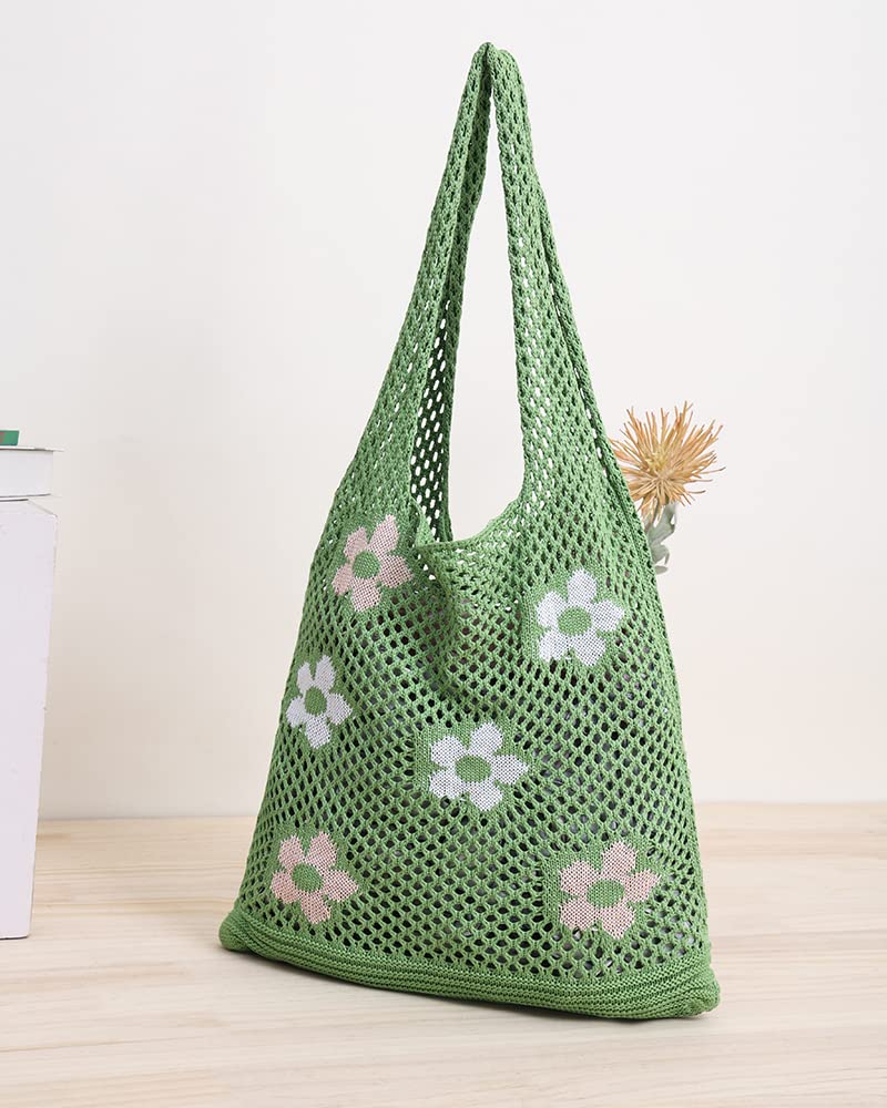 ENBEI Crochet Tote Beach Bag for Women with 6 Flower Pattern, Aesthetic Boho Large Bag, Foldable & Lightweight, Perfect for Beach, Travel, Daily Use & Gift