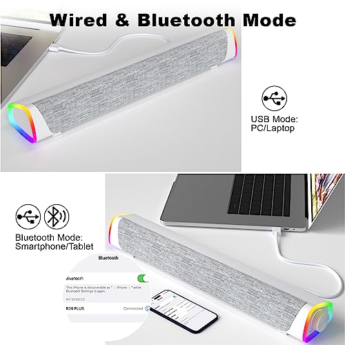 SOULION R30 Plus Bluetooth Computer Speakers for PC Desktop, 6 Modes LED Lights with All-in-one Control Button, Wired USB Powered Sound Bar, Surround Sound Portable SoundBar for Monitor Laptop Phone
