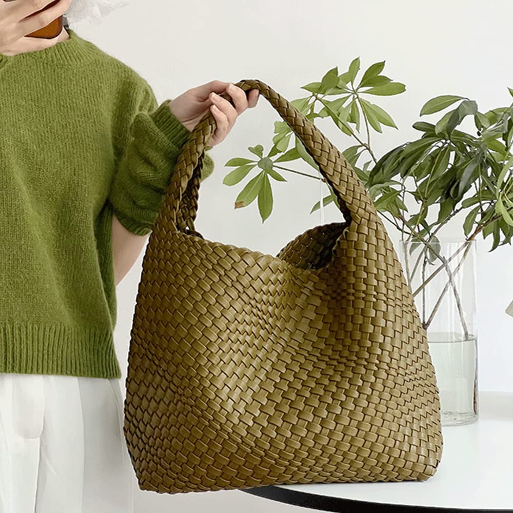 Doxwater Women Vegan Leather Hand Woven Tote Handbag Large Capacity Shoulder Top-handle Bag All-Match Underarm Bag with Purse