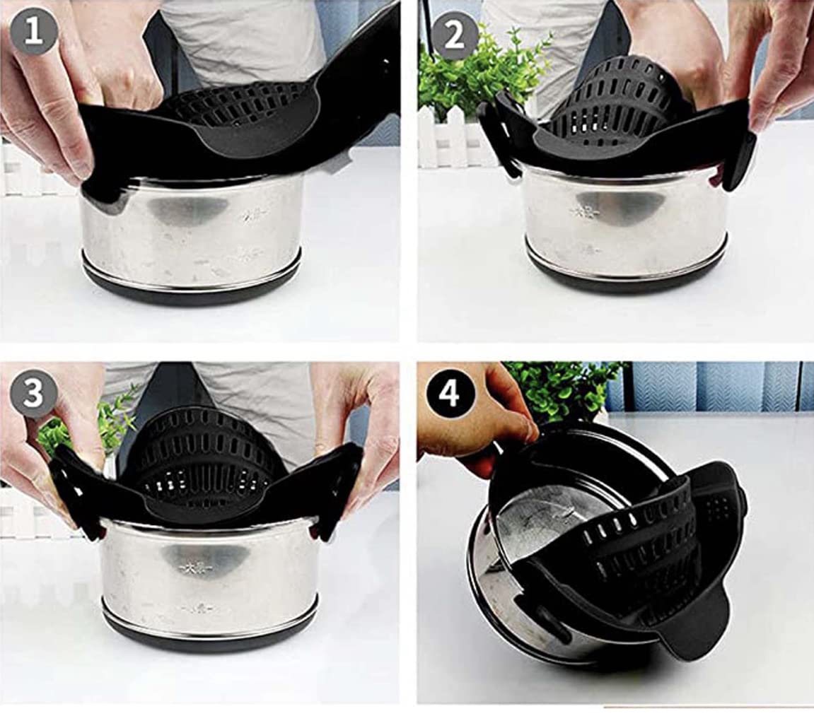 Clip on Strainer for Pots Pan Pasta Strainer, Silicone Food Strainer Hands-Free Pan Strainer, Clip-on Kitchen Food Strainer for Spaghetti, Pasta, Ground Beef Fits All Bowls and Pots, Black