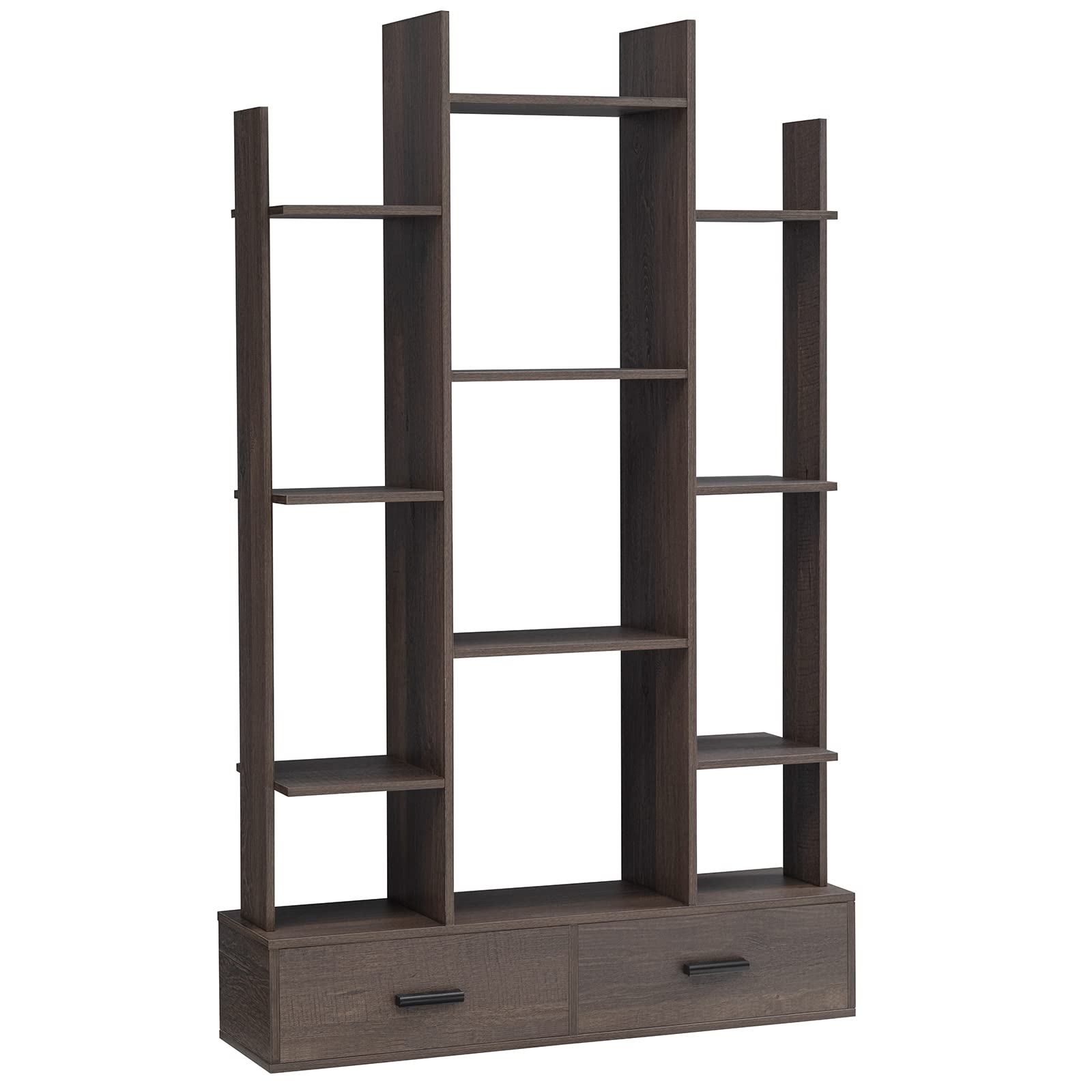 WEENFON Unique Bookcase with 1 Large Drawer, Tree-Shaped Bookshelf with 12 Storage Shelves, Open Standing Ladder Shelf, Bookshelf for Bedroom, Living Room, Office, Dark Brown
