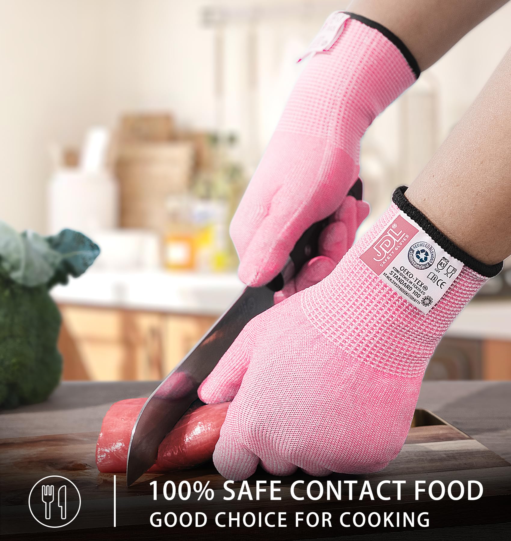 JDL Large Pink Cut Resistant Gloves with Touch Screen, Food Grade, ANSI A5, 3D Stretch Fit, Firm Grip, Suitable for Oyster Shucking, Meat Slicing, Kitchen Protection