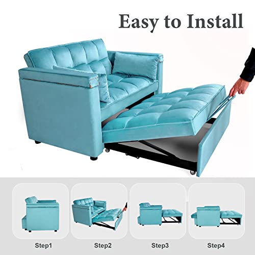 ORRD Convertible Sofa Bed, 3-in-1 Multi-Functional Velvet Sleeper Couch Pull-Out Bed, 48'' Bed Chaise Lounge with Adjustable Backrest and Pillows, Hidden Side Table for Living Room, Small Space