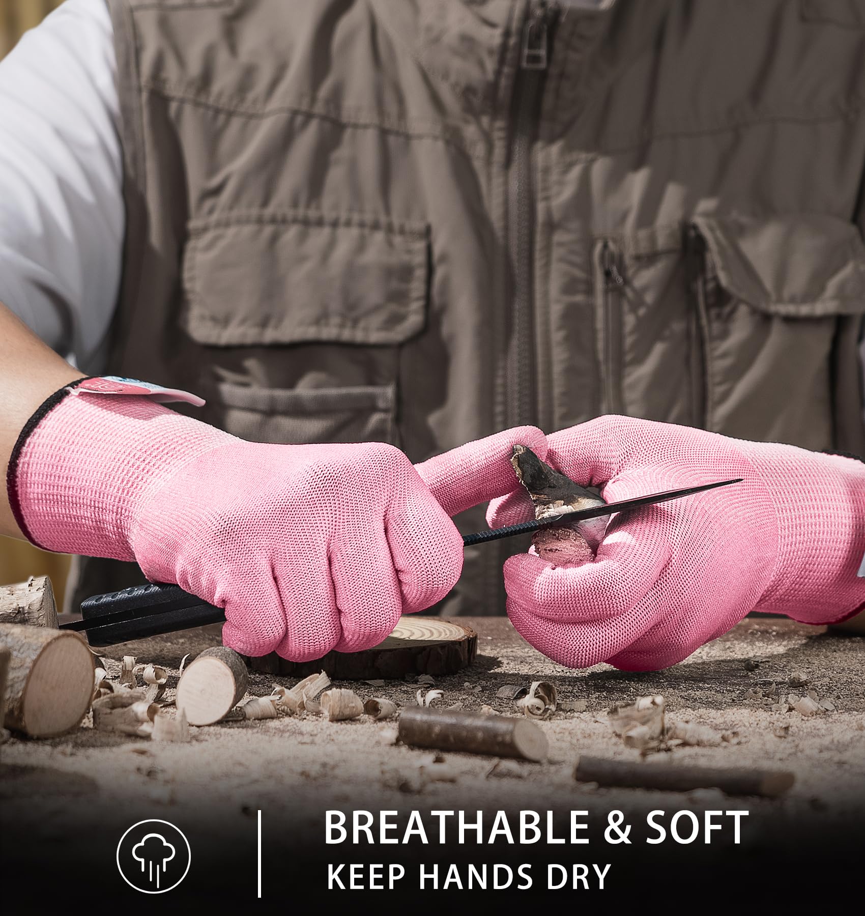 JDL Large Pink Cut Resistant Gloves with Touch Screen, Food Grade, ANSI A5, 3D Stretch Fit, Firm Grip, Suitable for Oyster Shucking, Meat Slicing, Kitchen Protection
