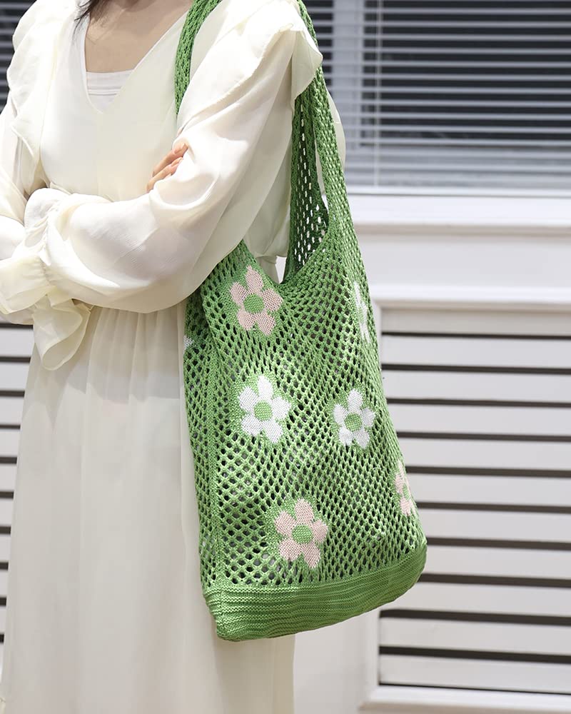 ENBEI Crochet Tote Beach Bag for Women with 6 Flower Pattern, Aesthetic Boho Large Bag, Foldable & Lightweight, Perfect for Beach, Travel, Daily Use & Gift