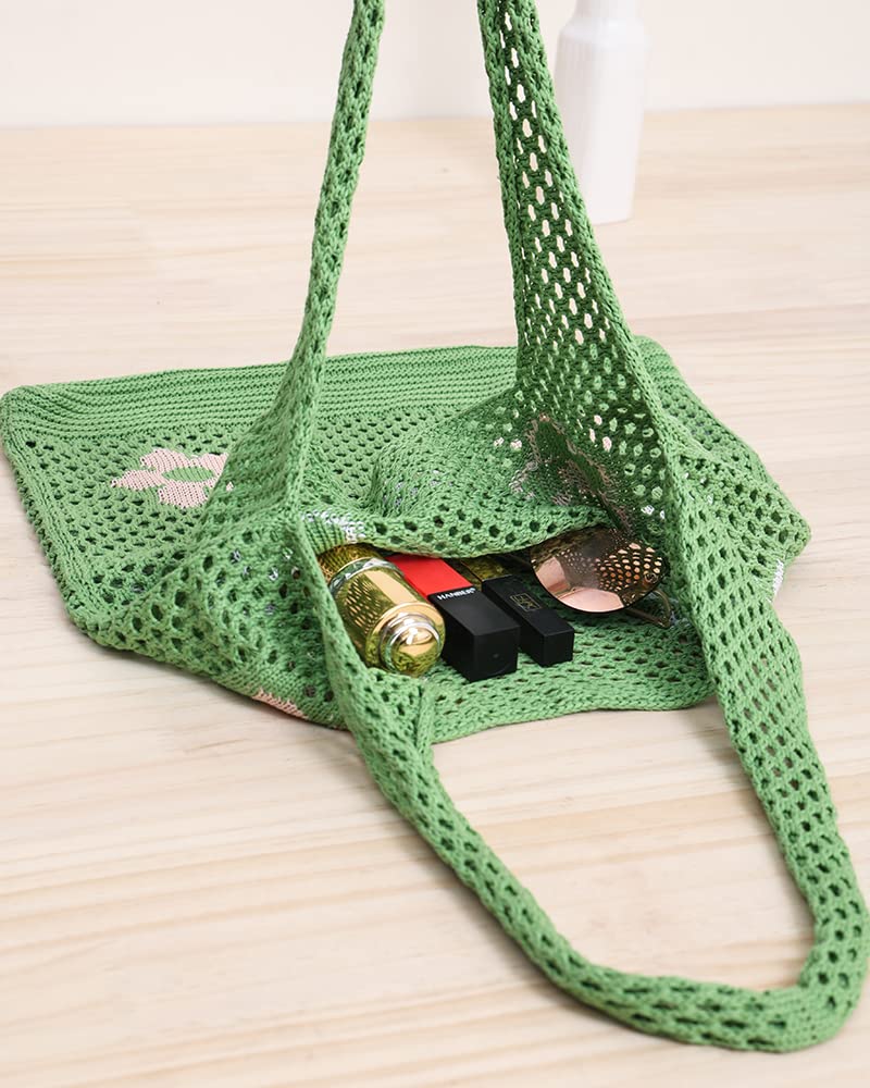 ENBEI Crochet Tote Beach Bag for Women with 6 Flower Pattern, Aesthetic Boho Large Bag, Foldable & Lightweight, Perfect for Beach, Travel, Daily Use & Gift