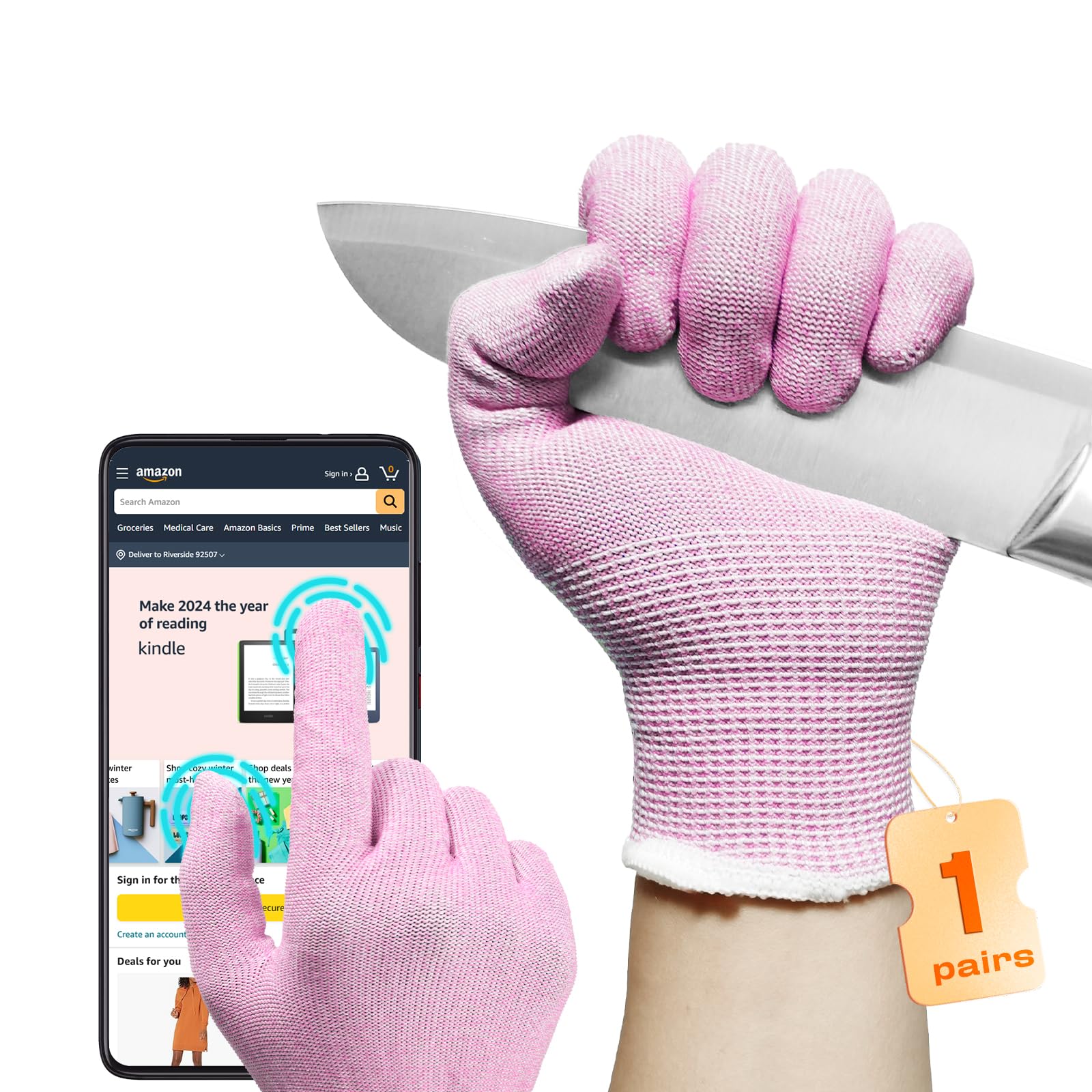 JDL Large Pink Cut Resistant Gloves with Touch Screen, Food Grade, ANSI A5, 3D Stretch Fit, Firm Grip, Suitable for Oyster Shucking, Meat Slicing, Kitchen Protection