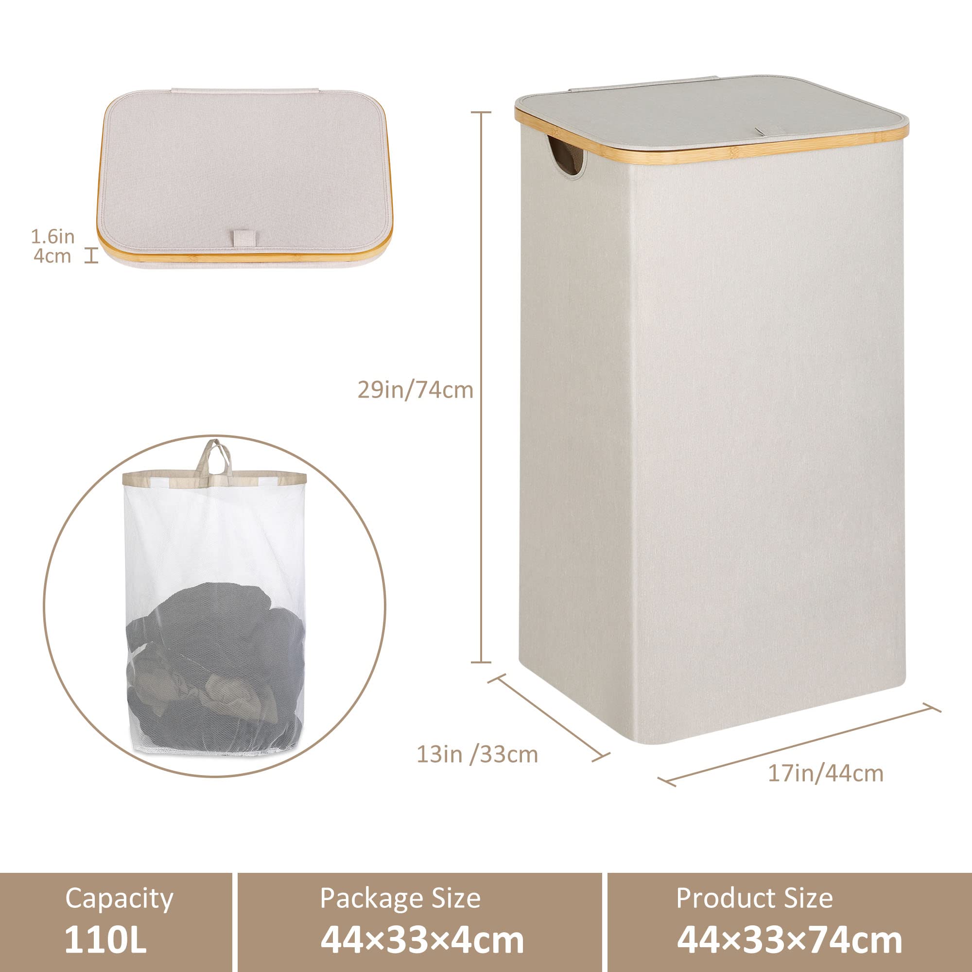 iEGrow Laundry Basket with Lid, 110L Large Laundry Hamper with Handle and Lid, Collapsible Clothes Basket Organizer with Removable Inner Bag for Clothes Toys Towels - Light Grey