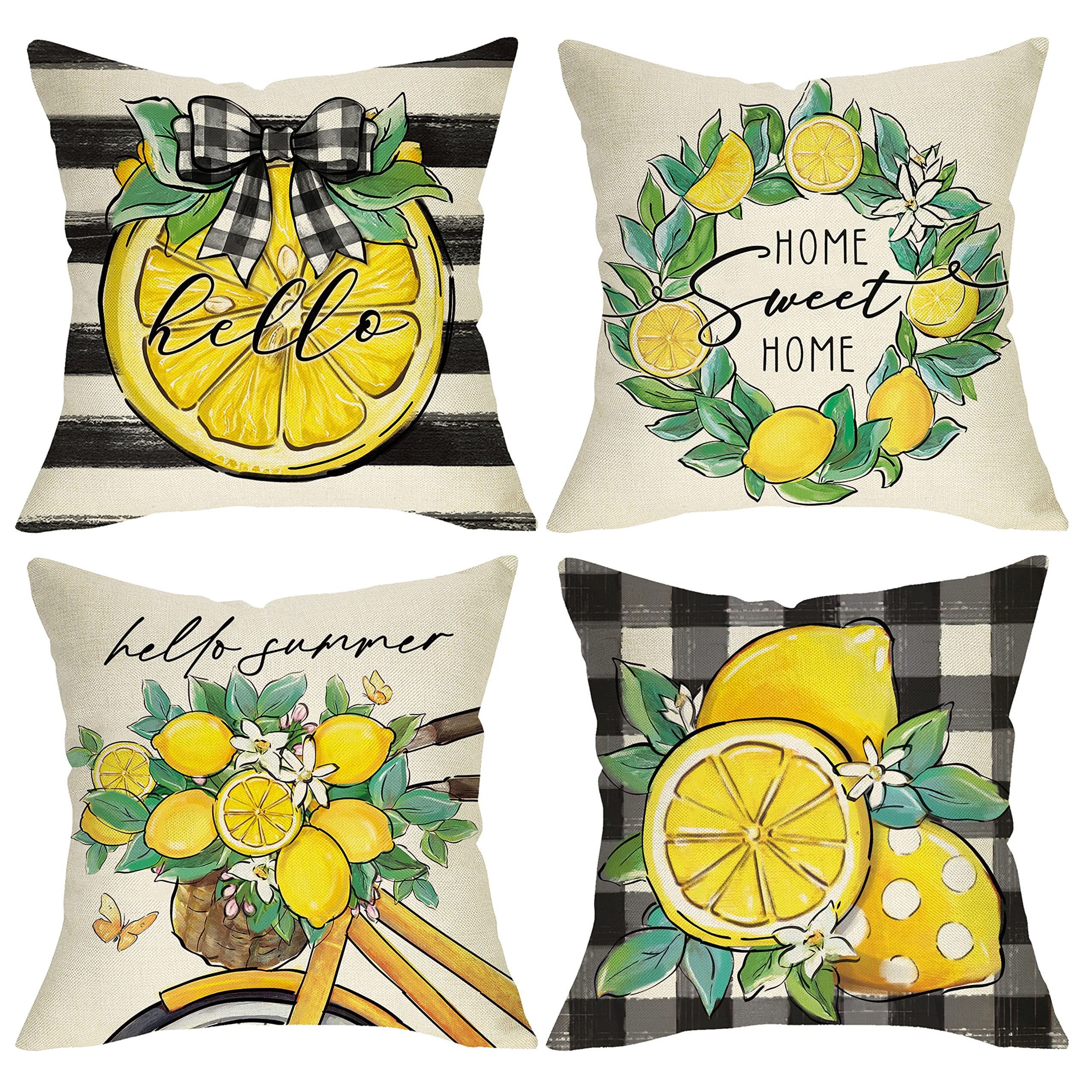 Fjfz Hello Summer Lemon Decorative Throw Pillow Cover 18 x 18 Set of 4, Bicycle Black White Buffalo Plaid Check Stripes Porch Outdoor Home Decor, Home Sweet Home Wreath Farmhouse Couch Cushion Case
