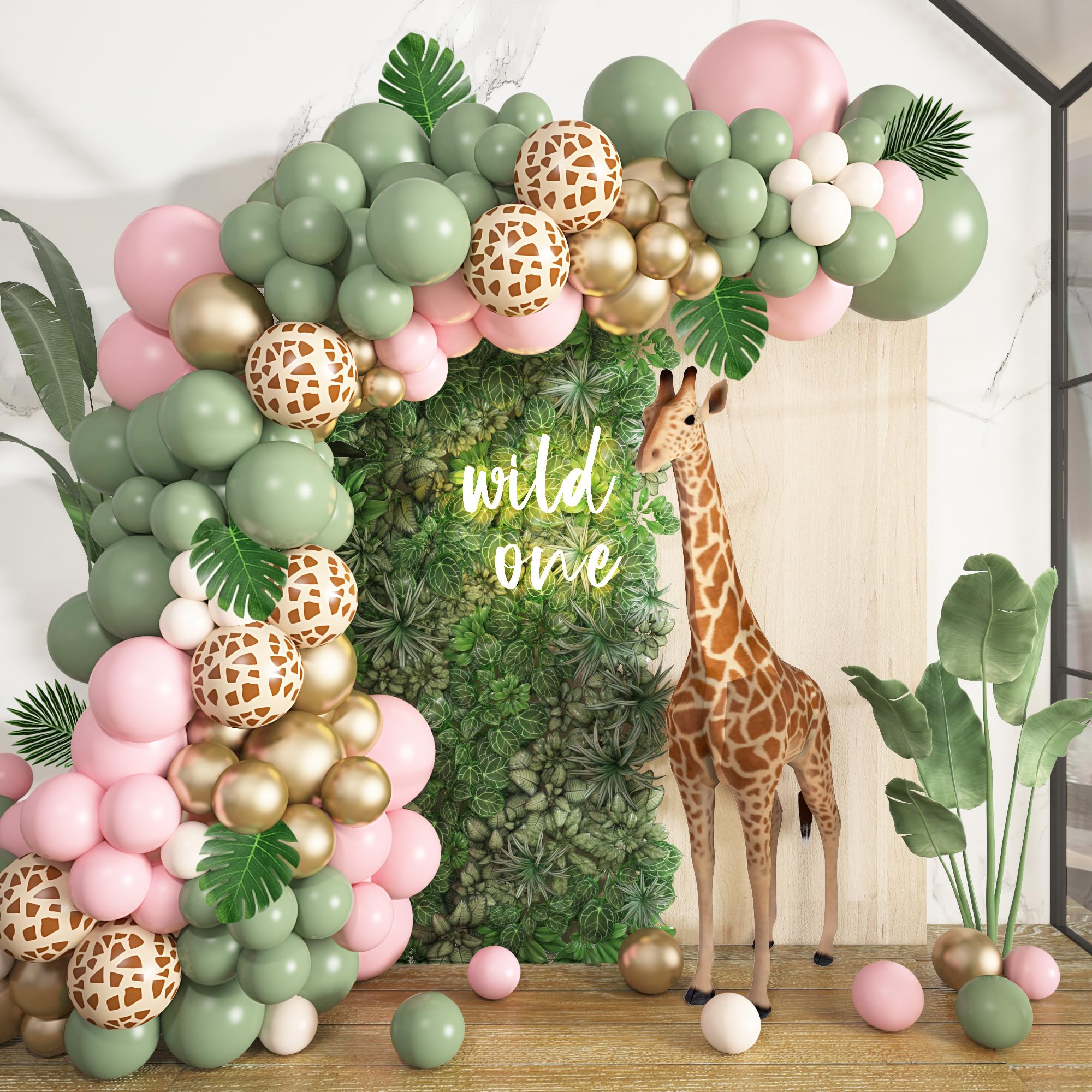 163Pcs Safari Balloon Garland Arch Kit, Animal Print Sage Green Jungle Balloons for Wild One Baby Shower Birthday Decorations Girl Boy Woodland Wedding Bridal Party Supplies