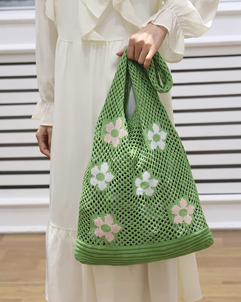 ENBEI Crochet Tote Beach Bag for Women with 6 Flower Pattern, Aesthetic Boho Large Bag, Foldable & Lightweight, Perfect for Beach, Travel, Daily Use & Gift