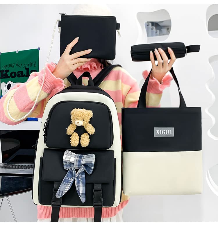 Lokkcy Kawaii Backpack 4Pcs Set with cute plush Pendants & Badge,Japanese School Bag and Backpack for Girls 10-12(Black)