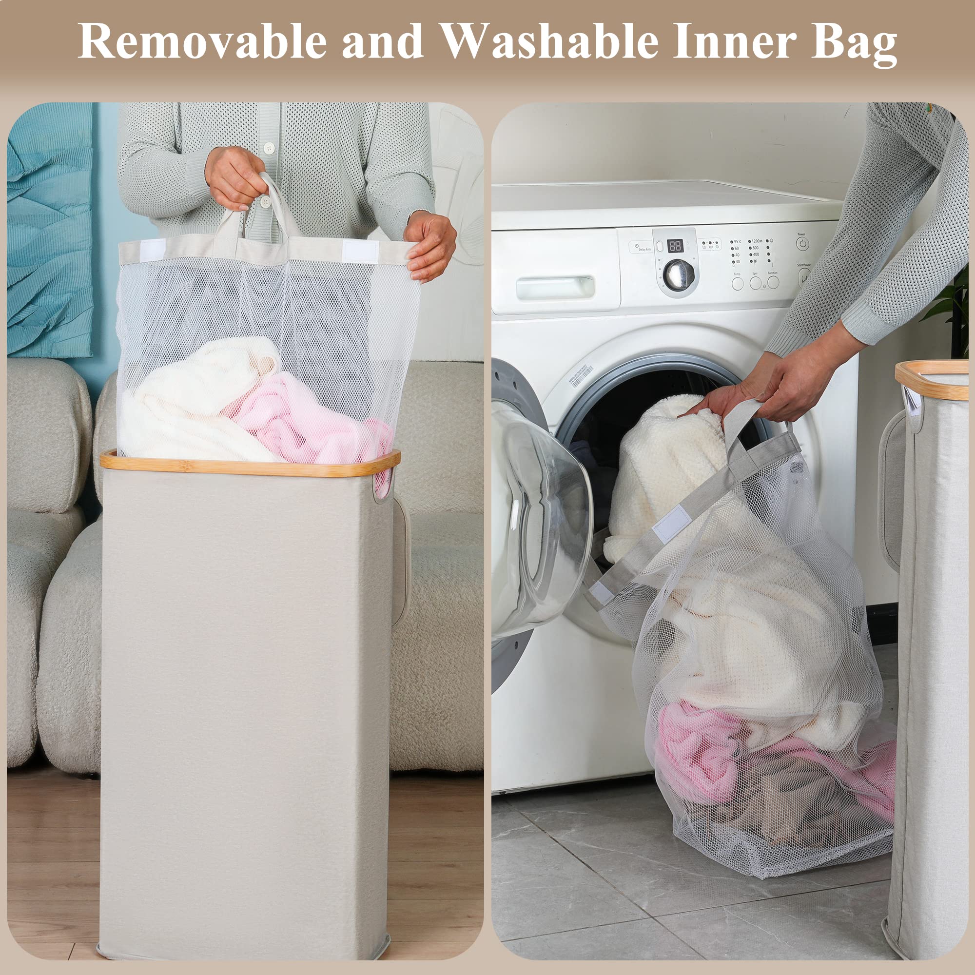iEGrow Laundry Basket with Lid, 110L Large Laundry Hamper with Handle and Lid, Collapsible Clothes Basket Organizer with Removable Inner Bag for Clothes Toys Towels - Light Grey