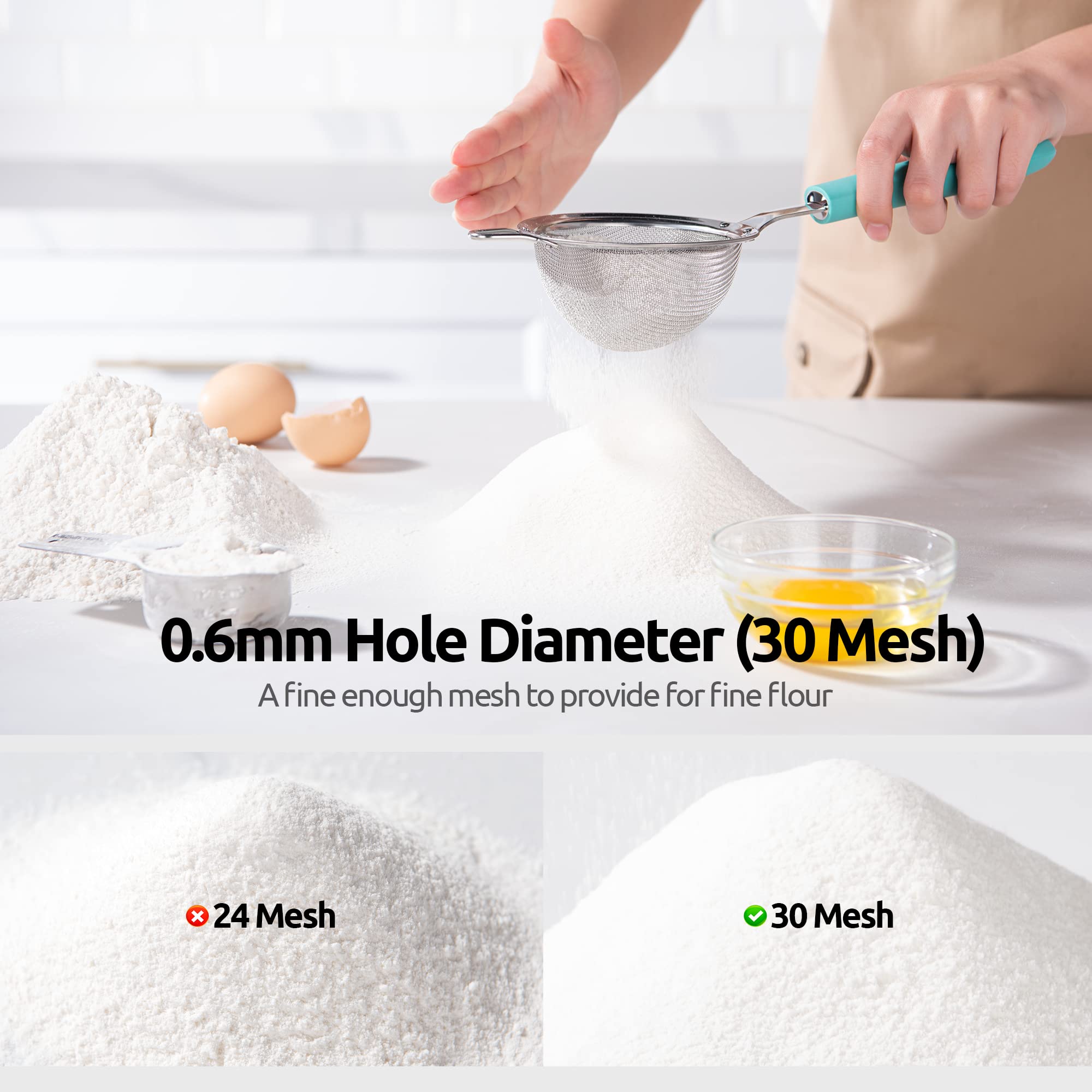 18/8 Stainless Steel Mesh Strainer: U-Taste 3.9 Inch Kitchen Fine Mesh Sieve Food Colander with Riveted Sturdy Silicone Handle and 30 Mesh Hole for Straining Flour, Quinoa, Tea, Juice (Aqua Sky)