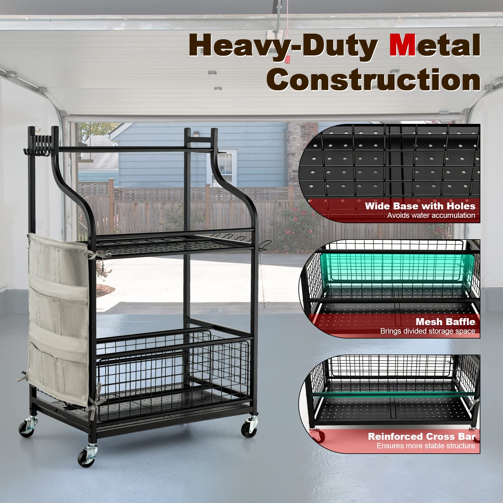 Goplus Garden Tool Organizer, 3-Tier Garage Tool Storage Cart w/Removable Hooks, Side Bag, Universal Wheels, Yard Tool Rack Holder, Metal Tool Rolling Cart for Shed, Lawn