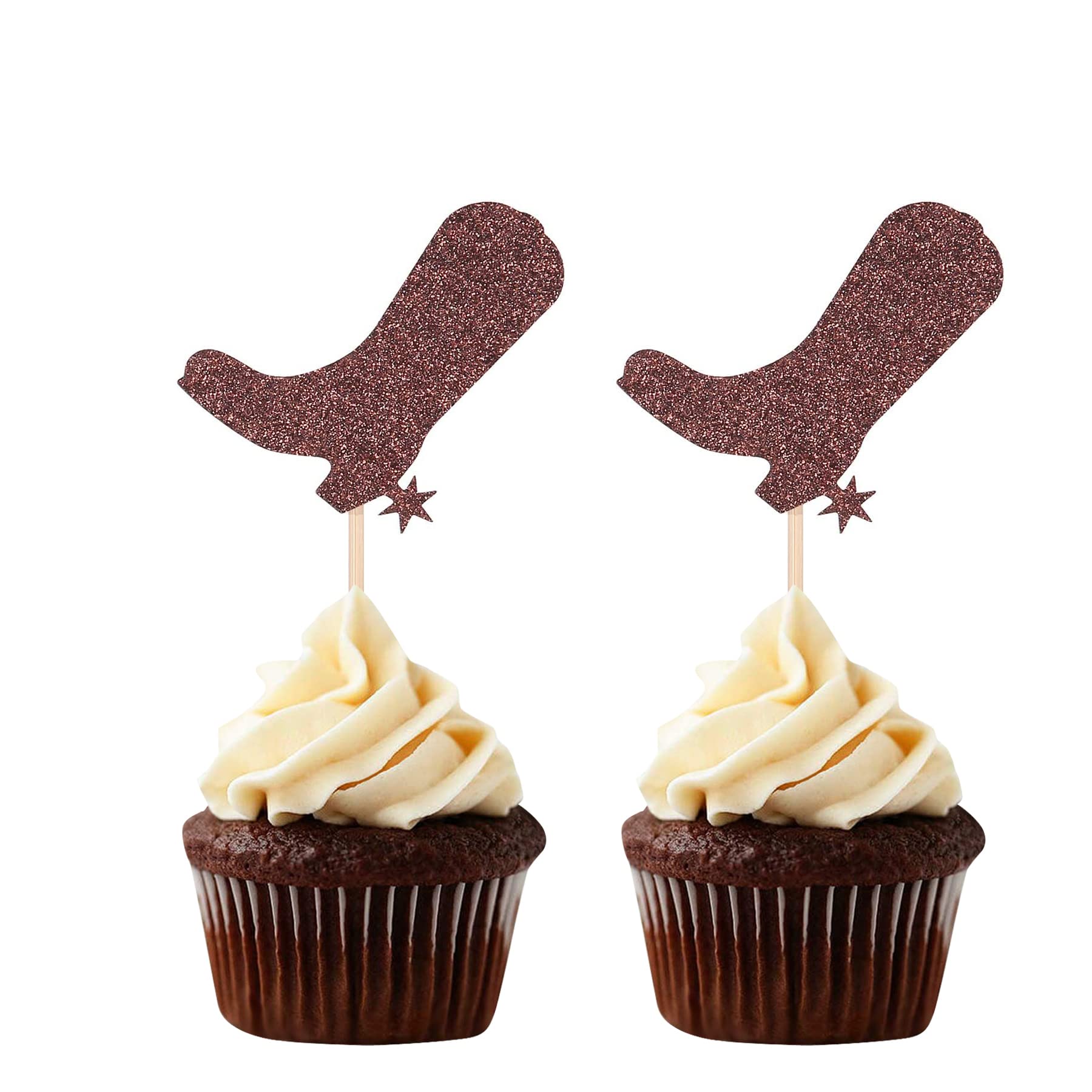 Glitter Brown Boots Cupcake Toppers Western Cowboy Theme Dessert Decoration Picks Baby Birthday Party Photo Props - 24 Counts
