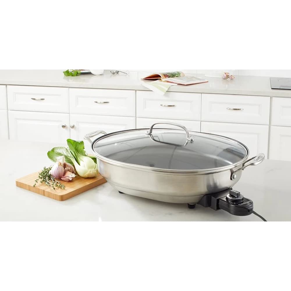 Cuisinart CSK-150 1500W Nonstick Electric Skillet Brushed Stainless Bundle with Deco Chef Pair of Red Heat Resistant Oven Mitt