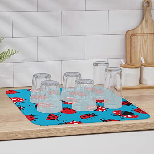 Dish Drying Mat for Kitchen Counter Absorbent Quick Drying Mat, Cute Ladybug Red Black Carapace Insect Dense Animal Blue
