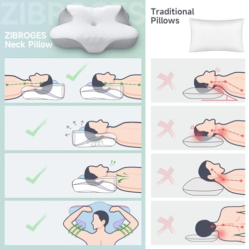 zibroges Cervical Pillow, Memory Foam Pillow for Neck Head Shoulder Pain Relief Sleeping Supports Your Head, Cooling Ergonomic Orthopedic Contoured Neck Bed Pillow for Side, Back,Stomach Sleepers