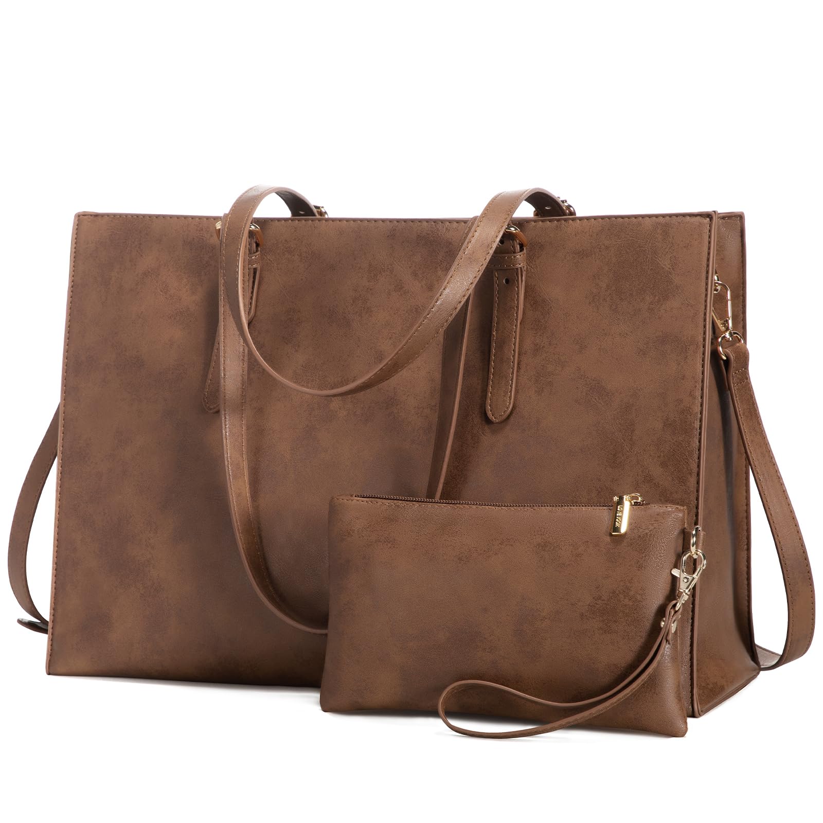 LOVEVOOK Laptop Bag for Women, Vintage Leather Works Computer Tote Bag, 15.6-Inch Large Capacity Shoulder Bag Set with Clutch Purse, Professional Business Briefcase for Office Lady, 2Pcs, Brown