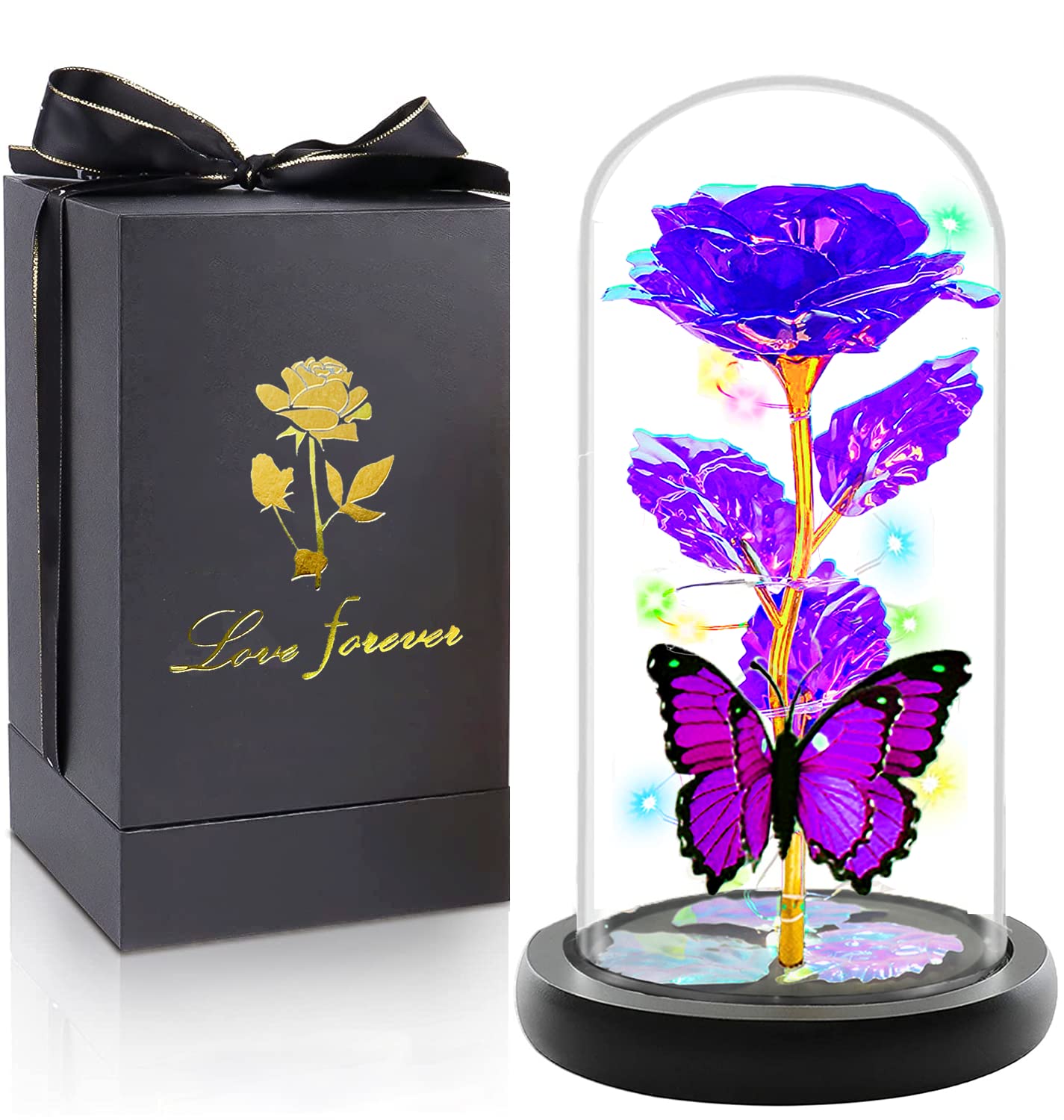 Mothers Day Flowers Gifts Mom, Rose Flower Mom Gifts Wife Grandma Her, Galaxy Crystal Light Up Rose Flowers in A Glass Dome Purple, Mother Day Presents from Daughter Butterfly Birthday Gifts for Women
