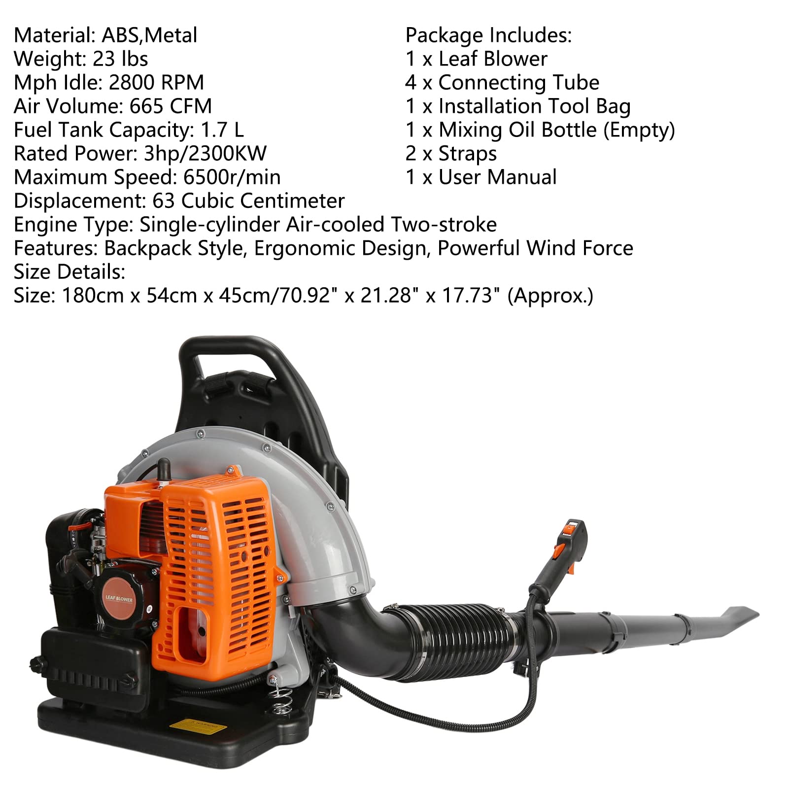 BESUFY Leaf Blower, Backpack Leaf Blower Gas Powered 2-Stroke Engine 665 CFM 63 Cubic Centimeter Snow Blower Handheld Leaf Blower for Lawn Care, Patio Orange,Ship from USA Fast Arrival