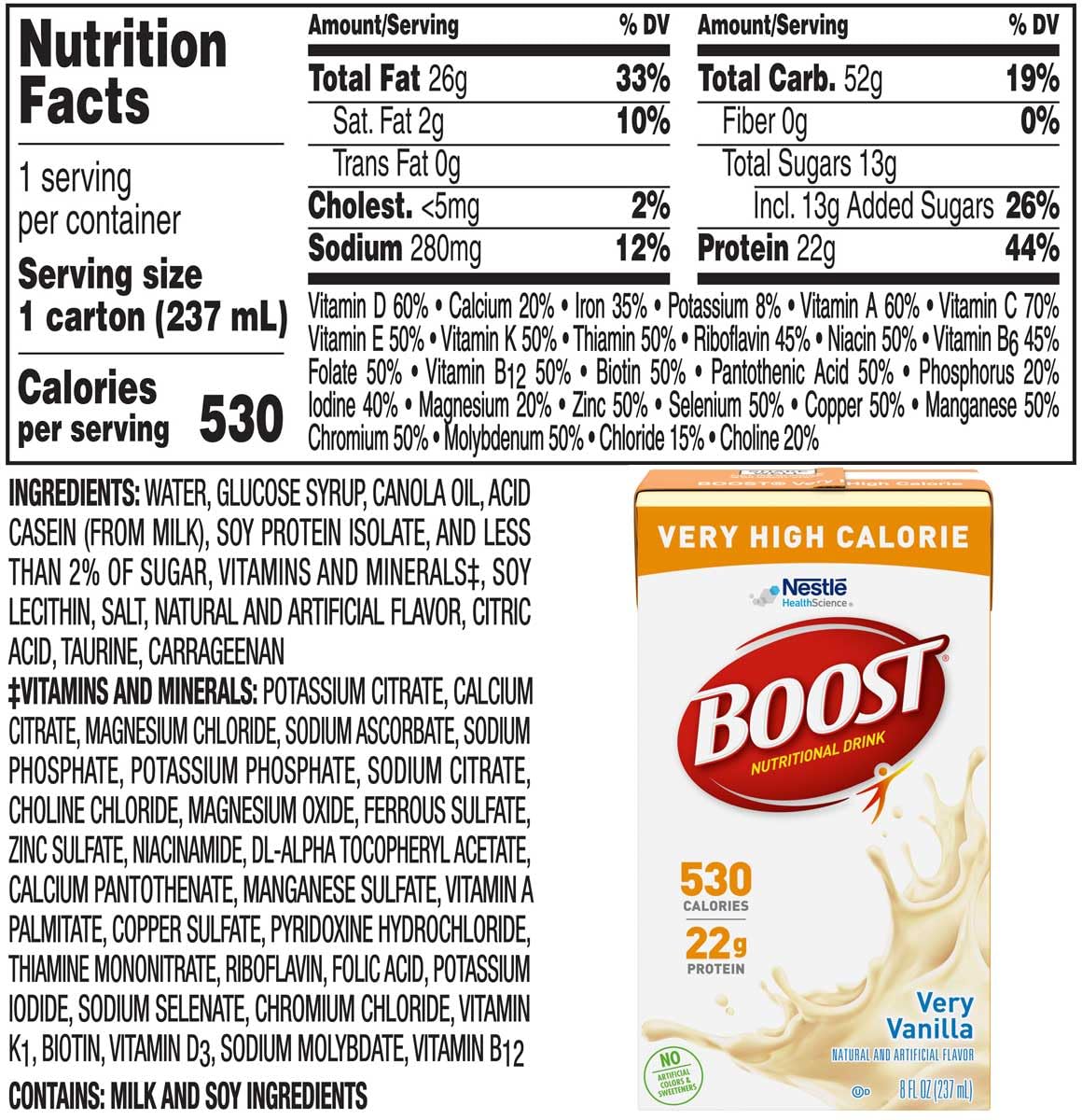 Boost Very High Calorie Nutritional Drink Very Vanilla, Made with Natural Vanilla Flavor & No Artificial Flavors, Colors & Sweeteners, 8 FL OZ (Pack of 24)