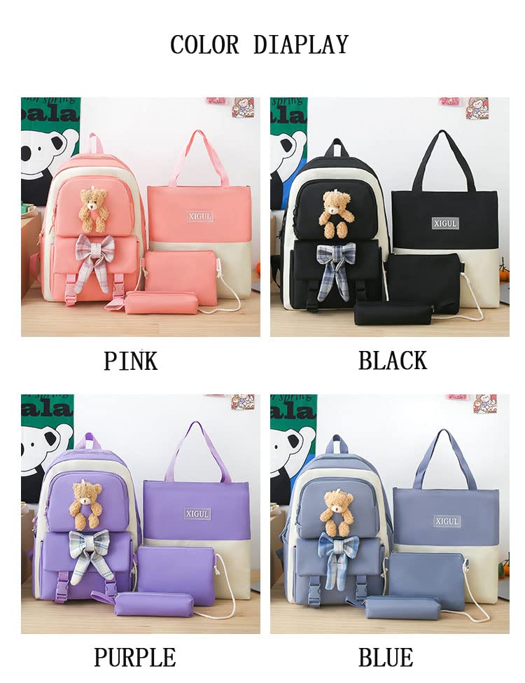 Lokkcy Kawaii Backpack 4Pcs Set with cute plush Pendants & Badge,Japanese School Bag and Backpack for Girls 10-12(Black)