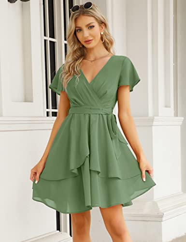 KOJOOIN Womens Skater Dresses Sexy V Neck Short Sleeve Tie Waist Solid Ruffle Boho Flowy Swing Mini Dress Olive Green