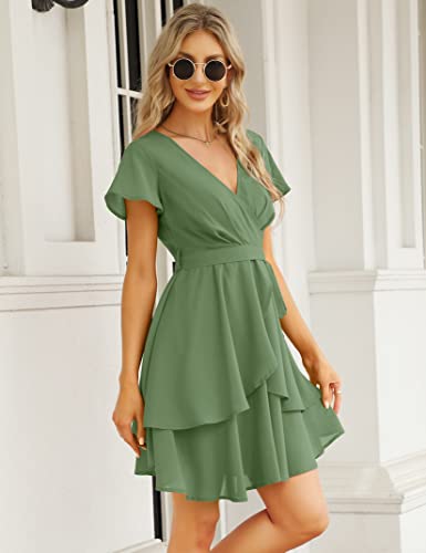 KOJOOIN Womens Skater Dresses Sexy V Neck Short Sleeve Tie Waist Solid Ruffle Boho Flowy Swing Mini Dress Olive Green