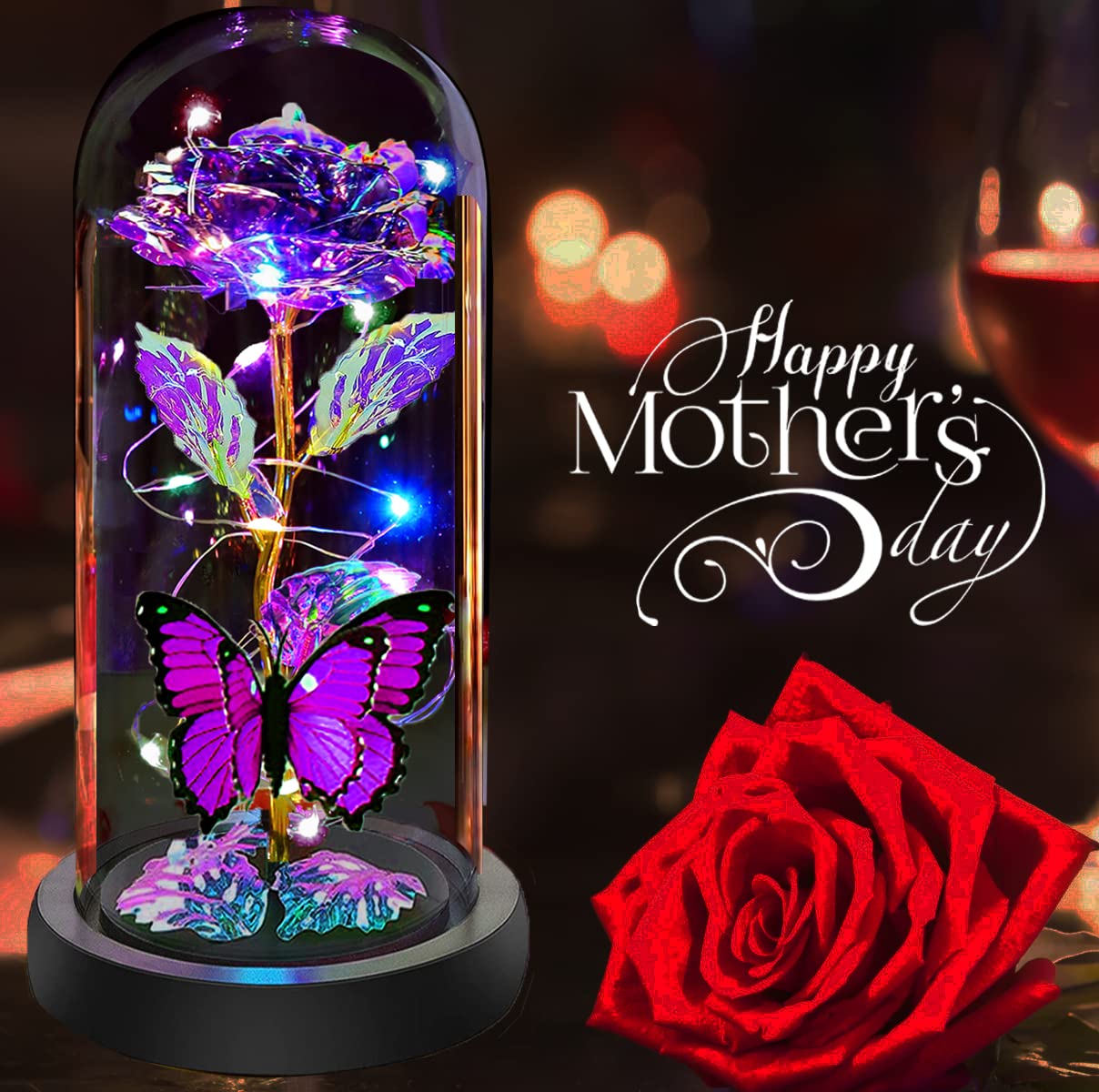 Mothers Day Flowers Gifts Mom, Rose Flower Mom Gifts Wife Grandma Her, Galaxy Crystal Light Up Rose Flowers in A Glass Dome Purple, Mother Day Presents from Daughter Butterfly Birthday Gifts for Women