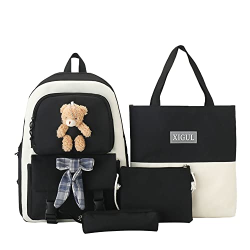 Lokkcy Kawaii Backpack 4Pcs Set with cute plush Pendants & Badge,Japanese School Bag and Backpack for Girls 10-12(Black)