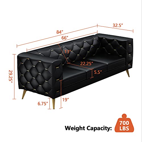 Chesterfield Sofa, 84'' Leather Upholstered 3 Seater Couch with Square Arms and Tufted Back, Mid-Century Modern Sofa with Metal Buckle and Metal Legs Decor for Living Room, Office, Bedroom