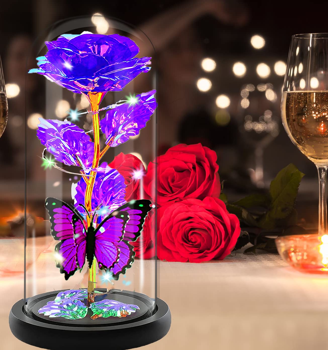 Mothers Day Flowers Gifts Mom, Rose Flower Mom Gifts Wife Grandma Her, Galaxy Crystal Light Up Rose Flowers in A Glass Dome Purple, Mother Day Presents from Daughter Butterfly Birthday Gifts for Women