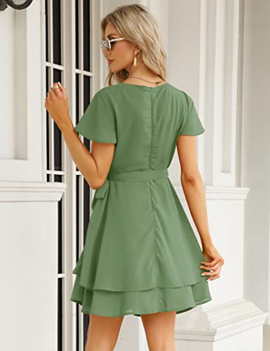 KOJOOIN Womens Skater Dresses Sexy V Neck Short Sleeve Tie Waist Solid Ruffle Boho Flowy Swing Mini Dress Olive Green