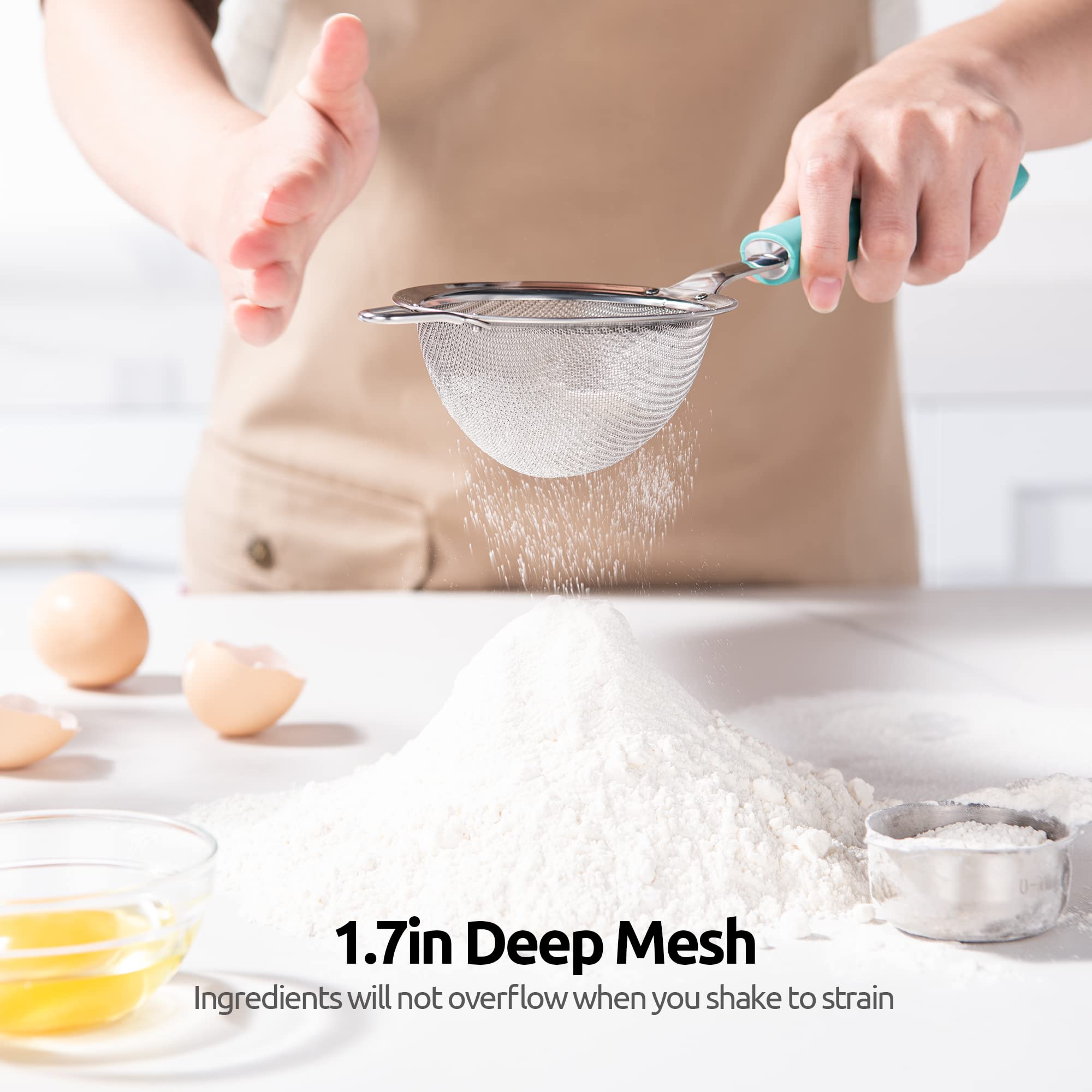 18/8 Stainless Steel Mesh Strainer: U-Taste 3.9 Inch Kitchen Fine Mesh Sieve Food Colander with Riveted Sturdy Silicone Handle and 30 Mesh Hole for Straining Flour, Quinoa, Tea, Juice (Aqua Sky)