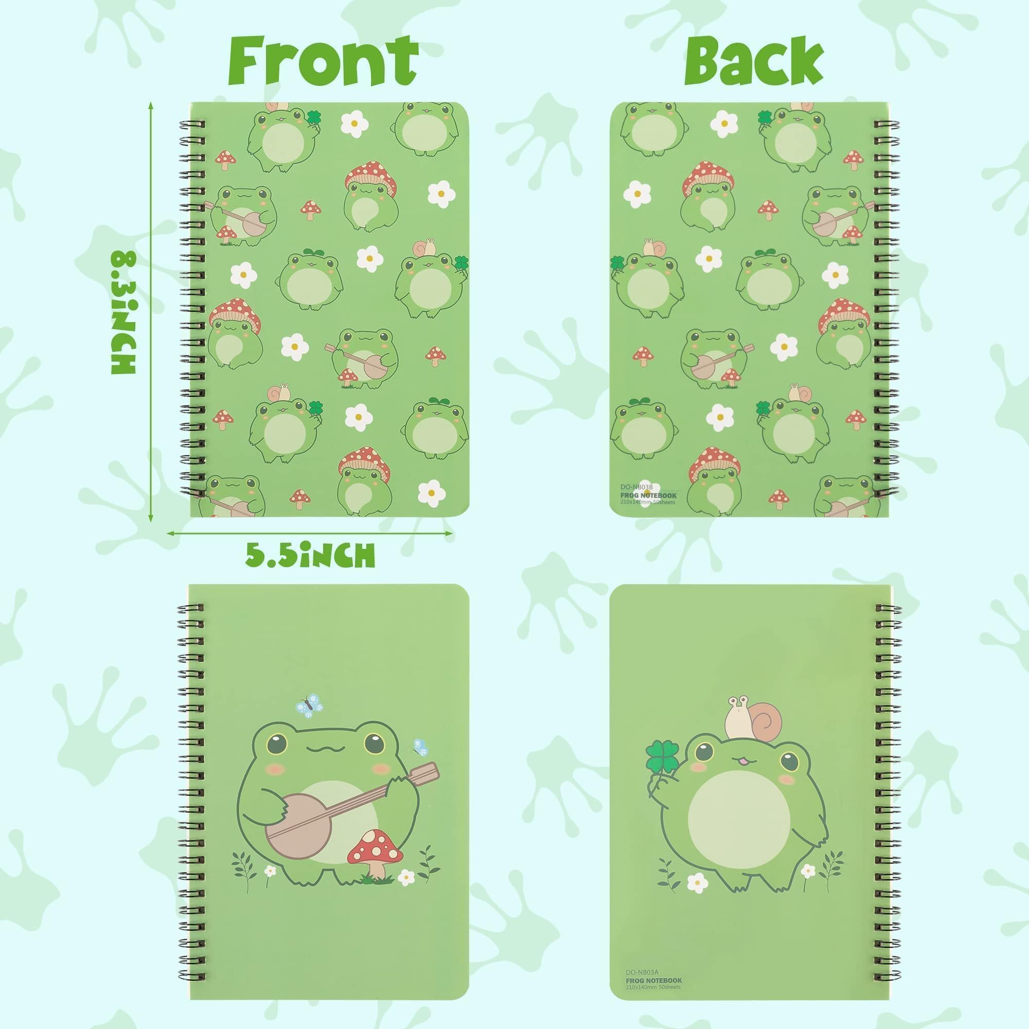 L1rabe 2 A5 Frog Spiral Notebooks Spring Back to School Cute Frog Playing Banjo Mushroom College Ruled Hardbound Notebooks, Travel Journal Diary Notepad for Kids Teens Students Easter Birthday Gifts