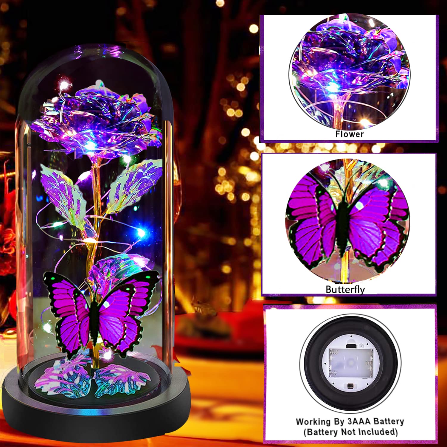 Mothers Day Flowers Gifts Mom, Rose Flower Mom Gifts Wife Grandma Her, Galaxy Crystal Light Up Rose Flowers in A Glass Dome Purple, Mother Day Presents from Daughter Butterfly Birthday Gifts for Women
